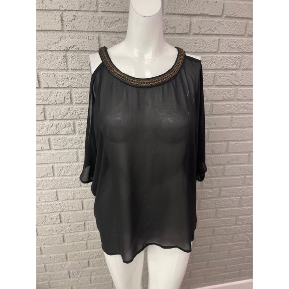 Papaya | Tops | Papaya Women Black Sheer Cold Shoulder Blouse Size M ...